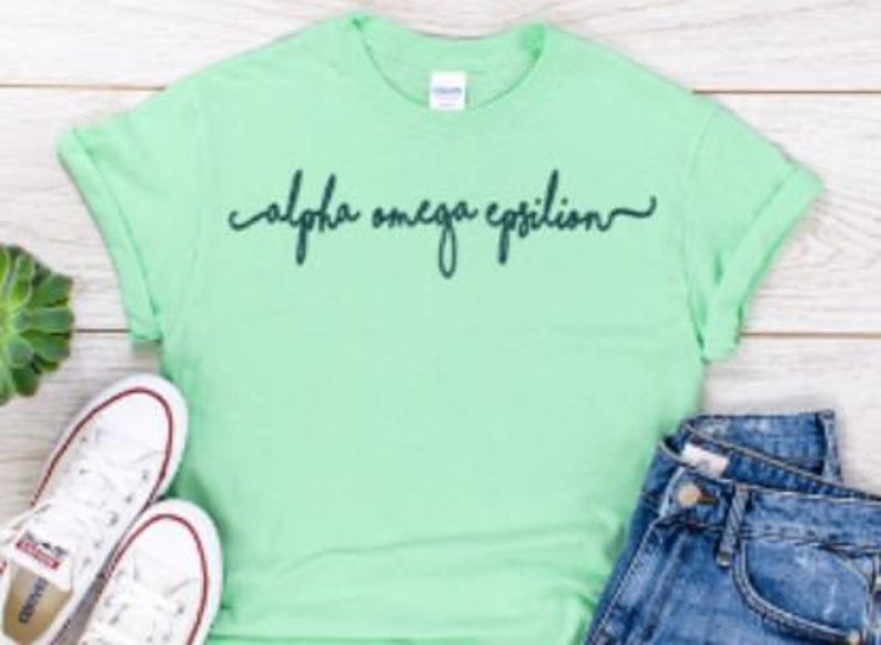 Alpha Omega Epsilon Handwriting Script Crew Neck Short Sleeve | Etsy