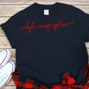 Alpha Omega Epsilon Handwriting Script Crew Neck Short Sleeve T Shirt ...