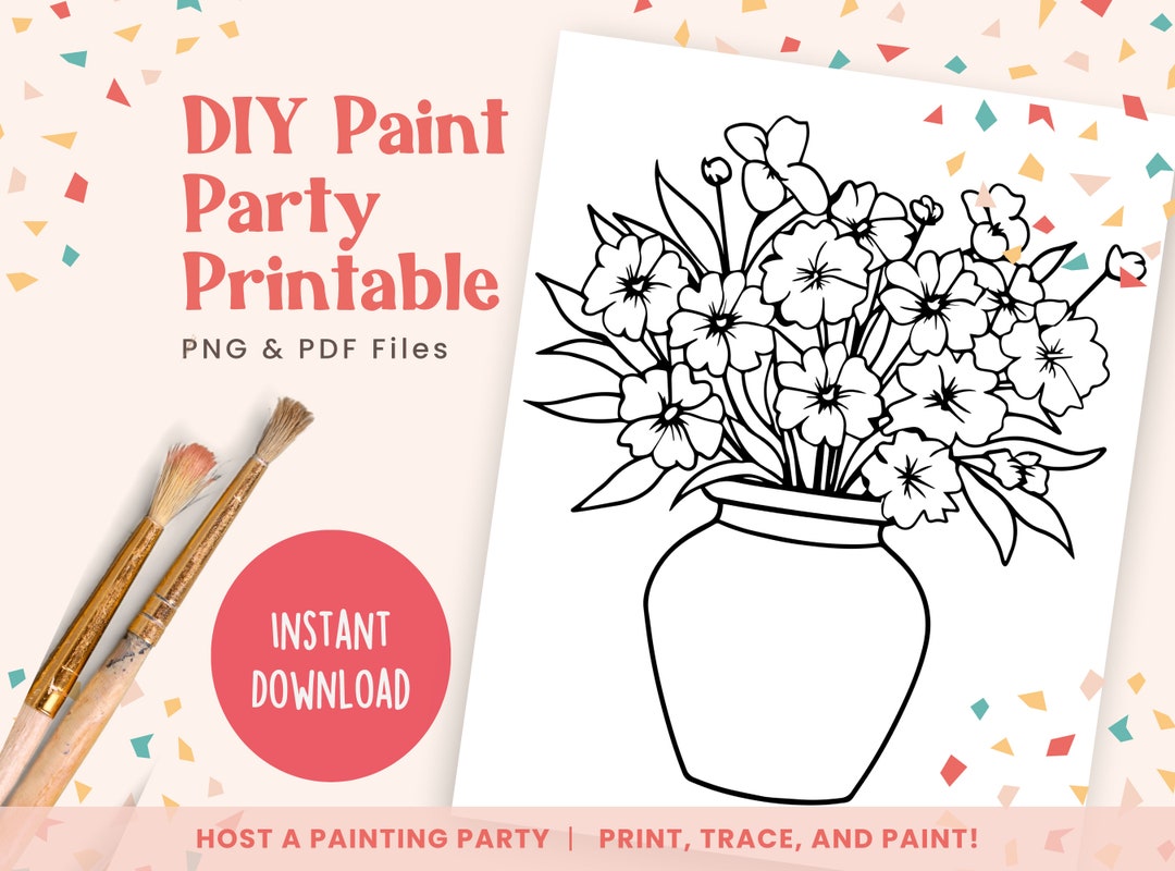 Spring Flower Vase, Paint Party Template, Printable Canvas Art for ...