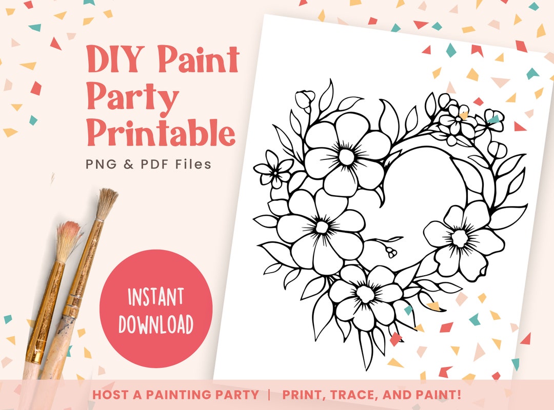 Floral Heart, DIY Paint Party Template, Printable Canvas Art for Ladies ...