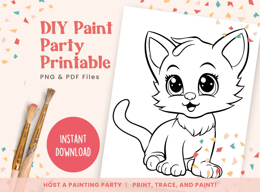 DIY Paint Party Template, Cute Kitten, Printable Canvas Art for Kids ...