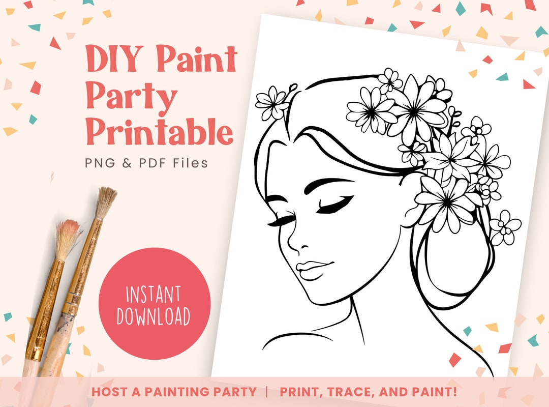Demure Woman, Flowers, DIY Paint Party Template, Printable Canvas Art ...
