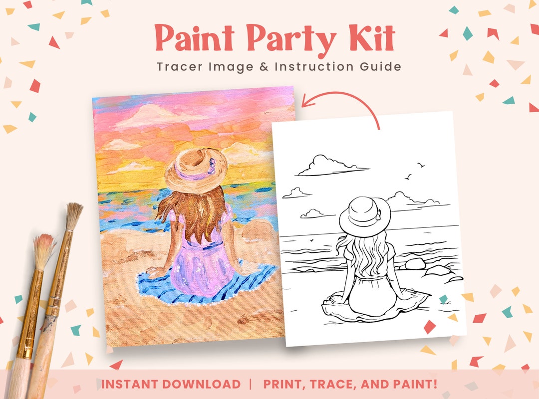 Woman at the Beach, DIY Paint Party Template, Printable Canvas Art for ...
