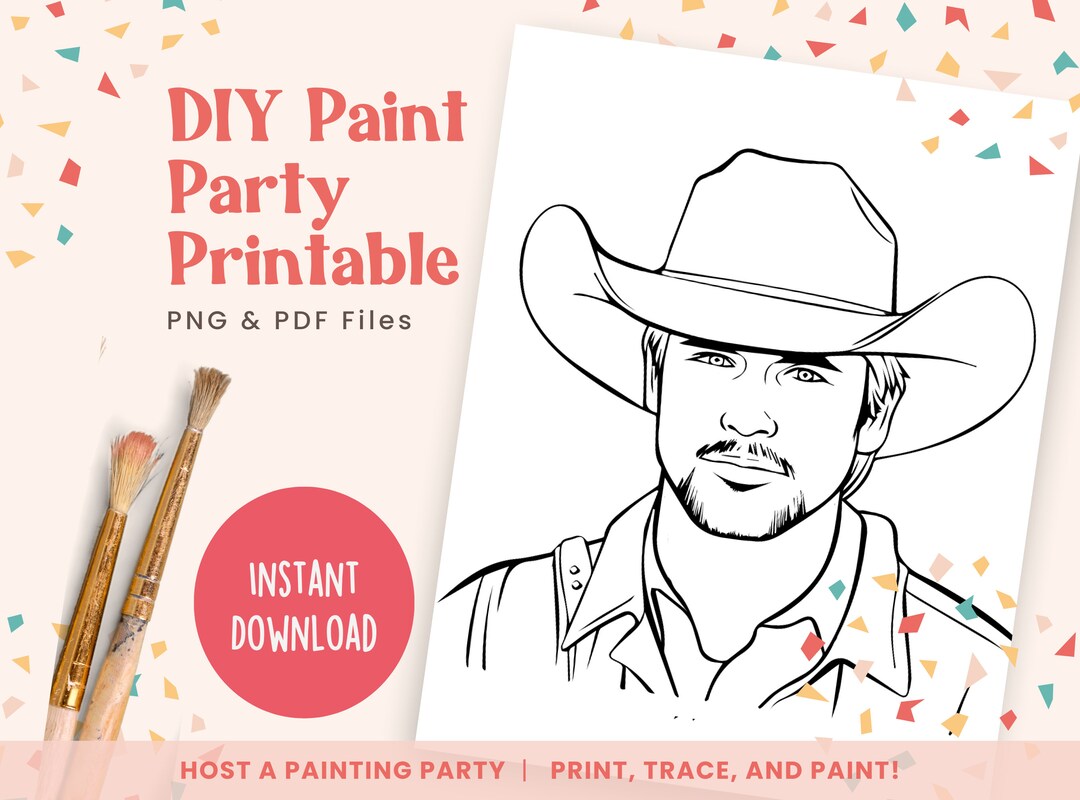 DIY Paint Party Template, Handsome Cowboy in Hat, Printable Canvas Art ...