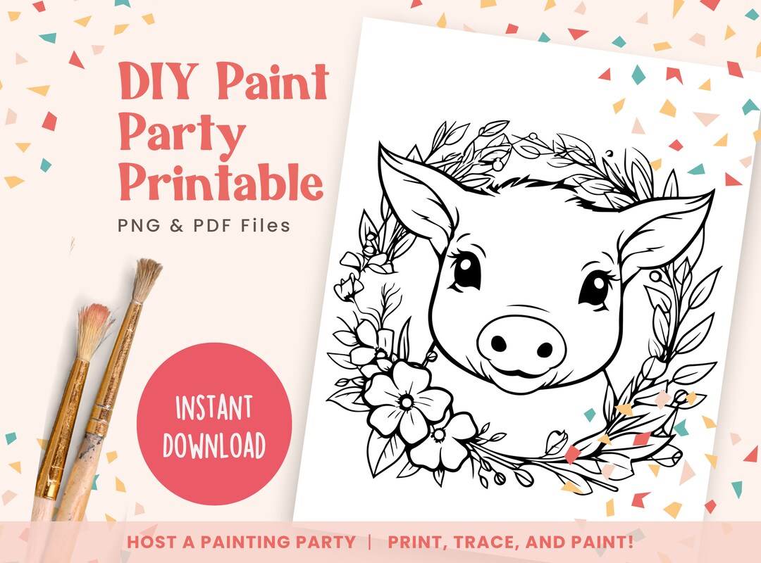 DIY Paint Party Template, Floral Pig, Printable Canvas Art for Kids ...