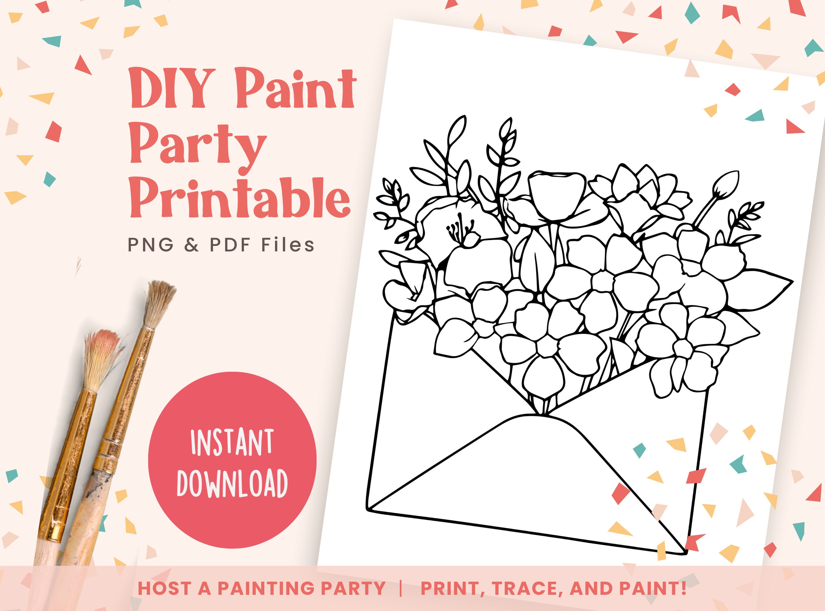 DIY Paint Party Template, Flower Mail, Printable Canvas Art for Ladies ...