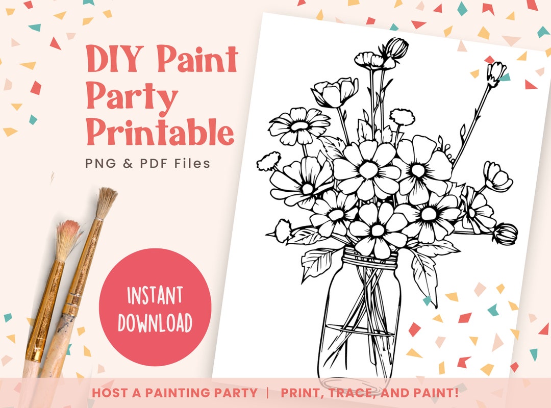 Jar of Wildflowers, Paint Party Template, Printable Canvas Art for ...