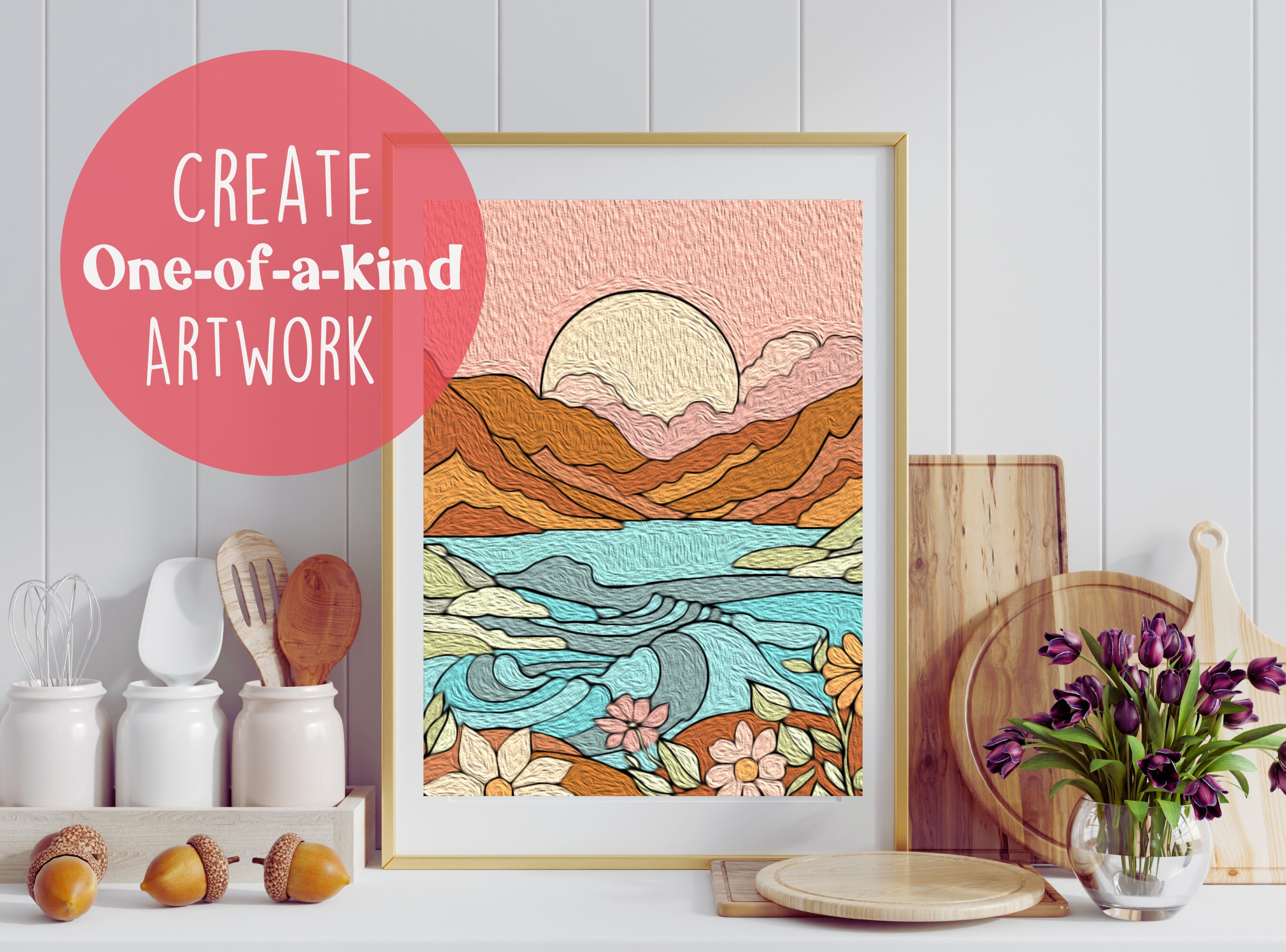 Boho Sunset Landscape, DIY Paint Party Template, Printable Canvas Art ...