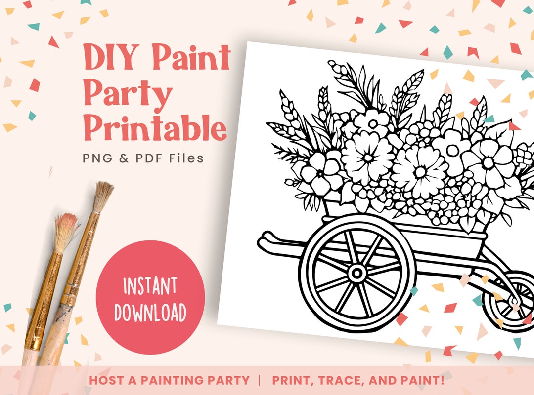 DIY Paint Party Template, Flower Wheelbarrow, Printable Canvas Art for ...