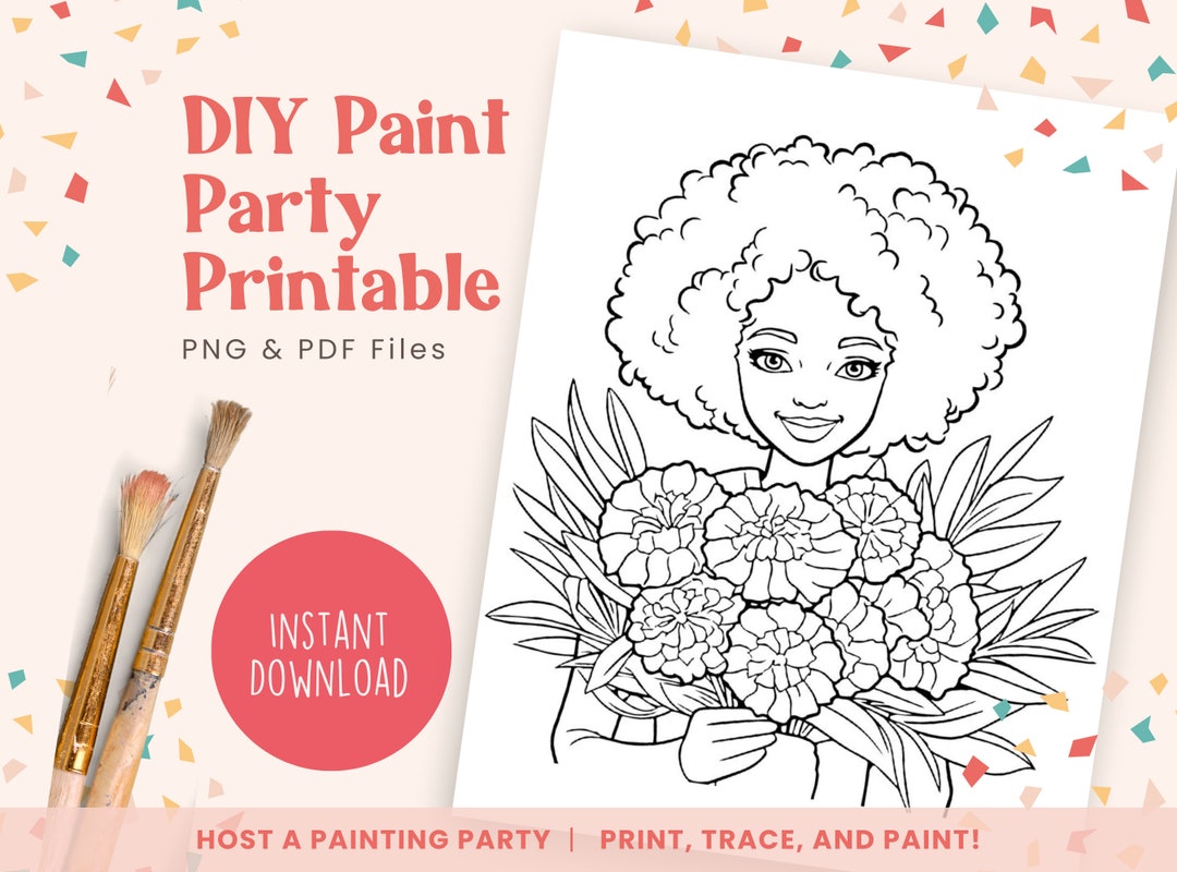 Afro Woman With Flowers, DIY Paint Party Template, Printable Canvas Art ...