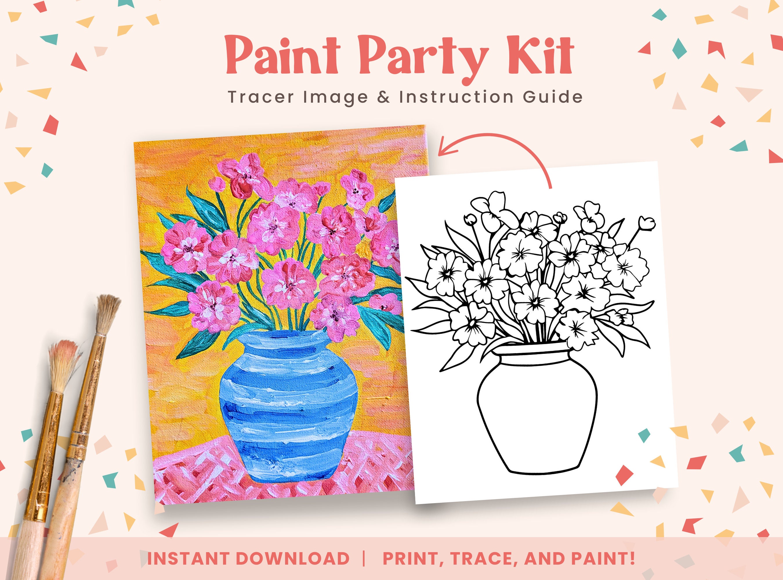 Spring Flower Vase, Paint Party Template, Printable Canvas Art for ...