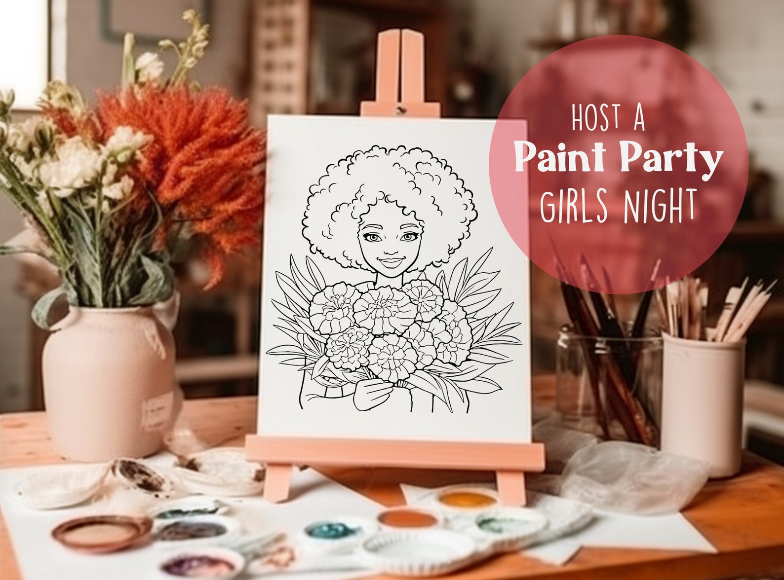 DIY Paint Party Template, Flower Mail, Printable Canvas Art for Ladies ...