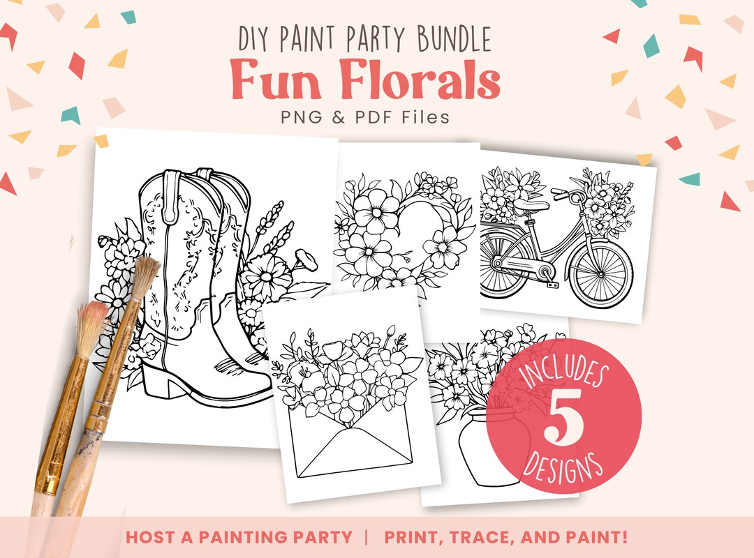 DIY Paint Party Templates, Fun Florals, 5 Designs Included, Printable ...