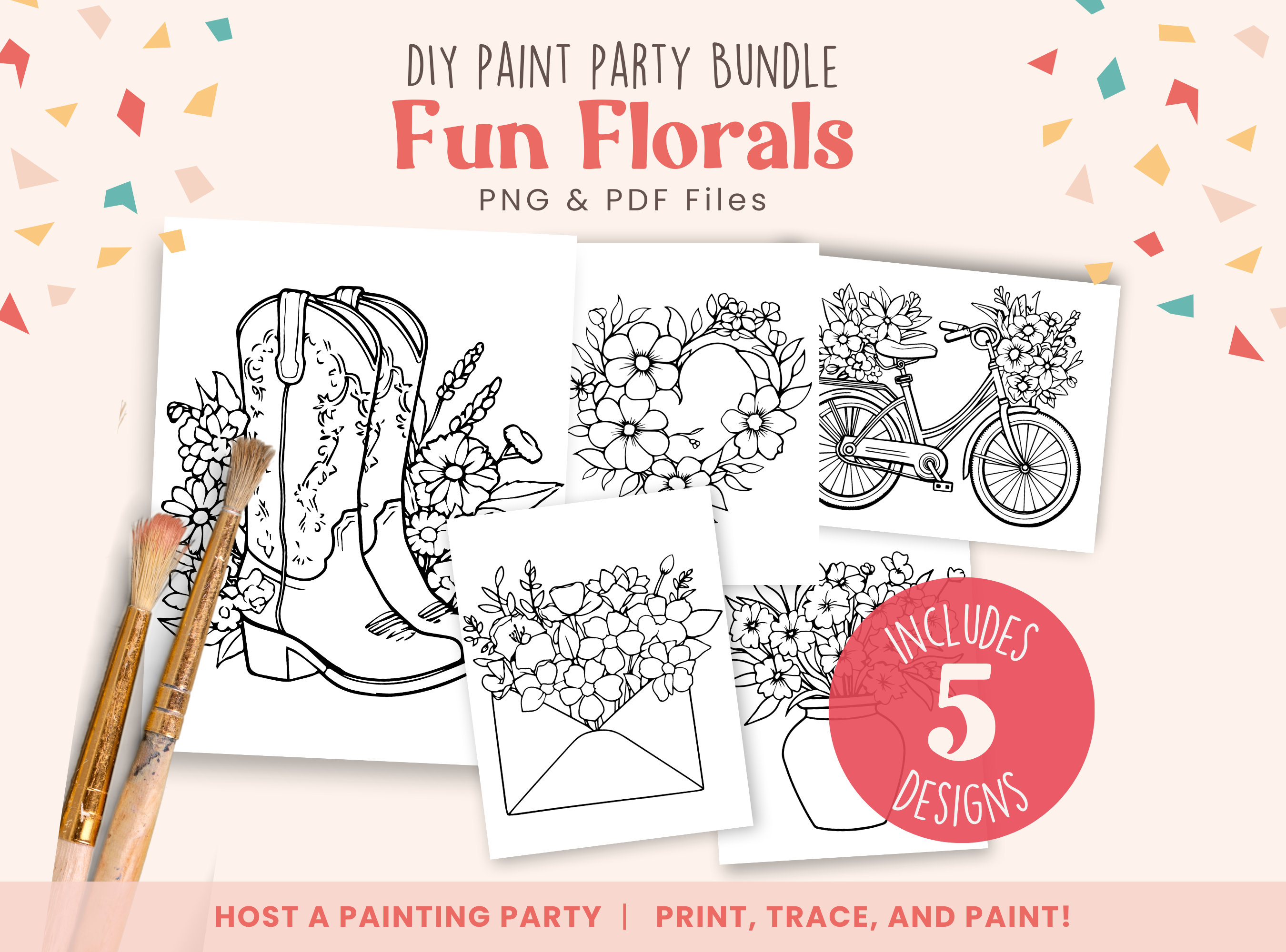 DIY Paint Party Templates, Fun Florals, 5 Designs Included, Printable ...