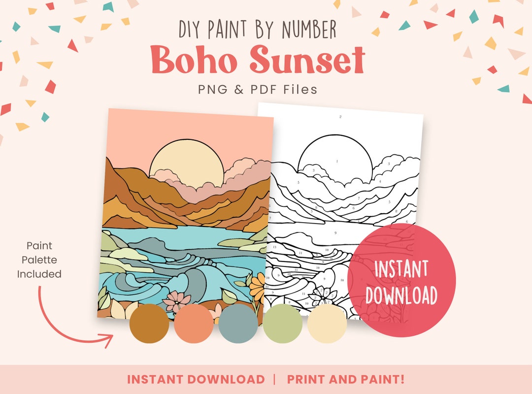Boho Sunset Landscape, Adult Paint by Number Template, Color by Number ...