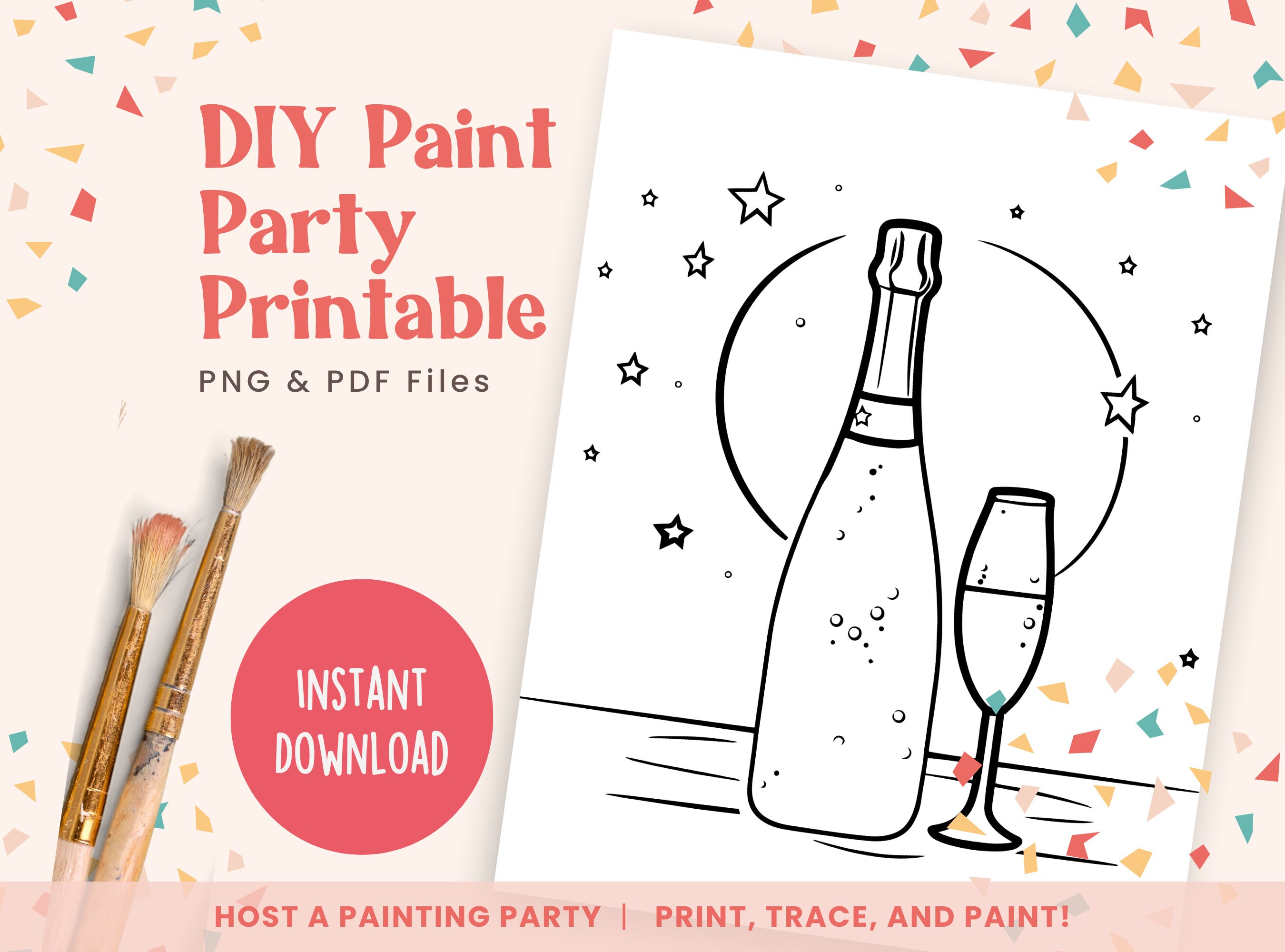 DIY Paint Party Template, Pop the Champagne, Printable Canvas Art for ...