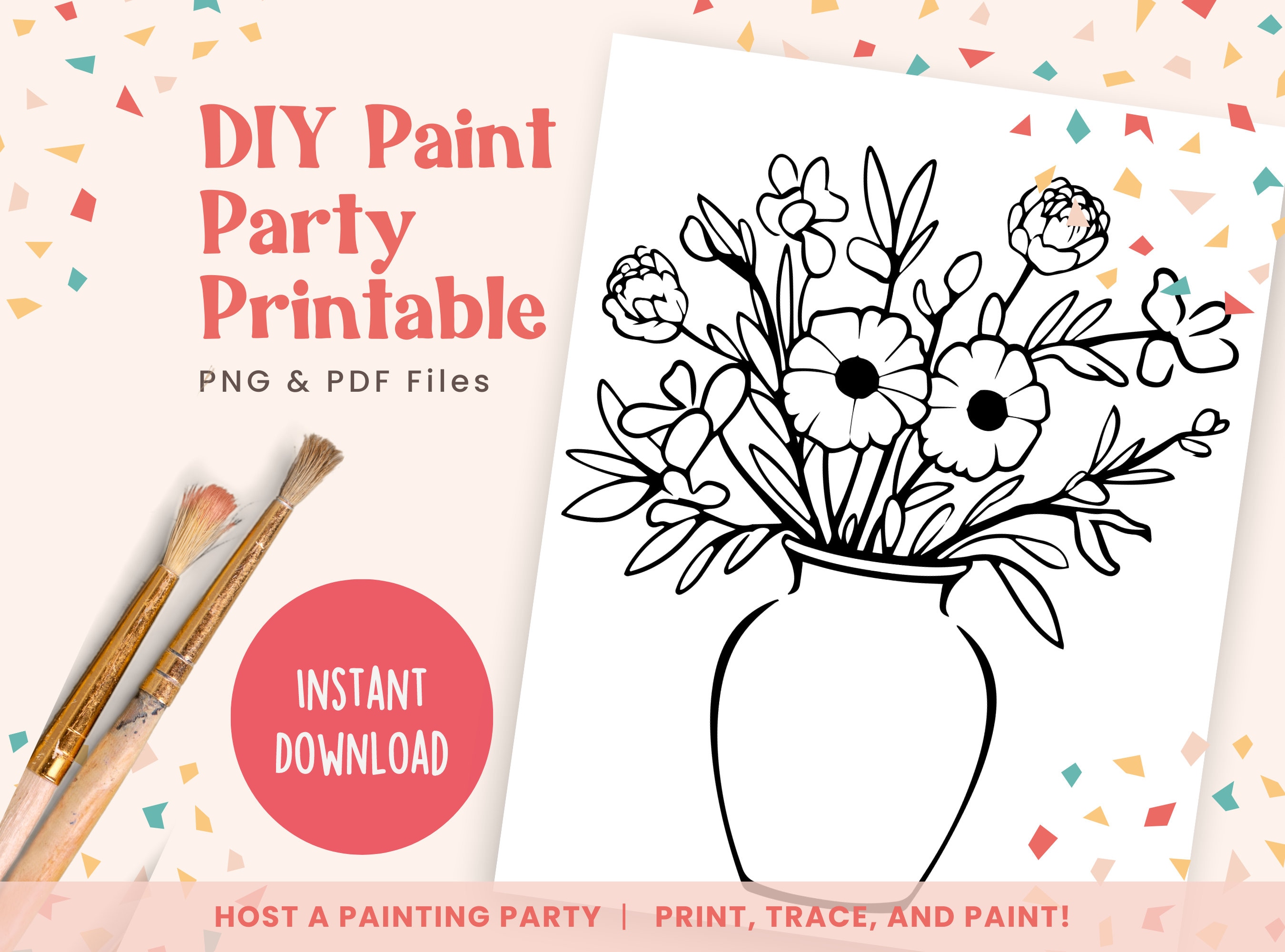 Flower Vase, DIY Paint Party Template, Printable Canvas Art for Ladies ...