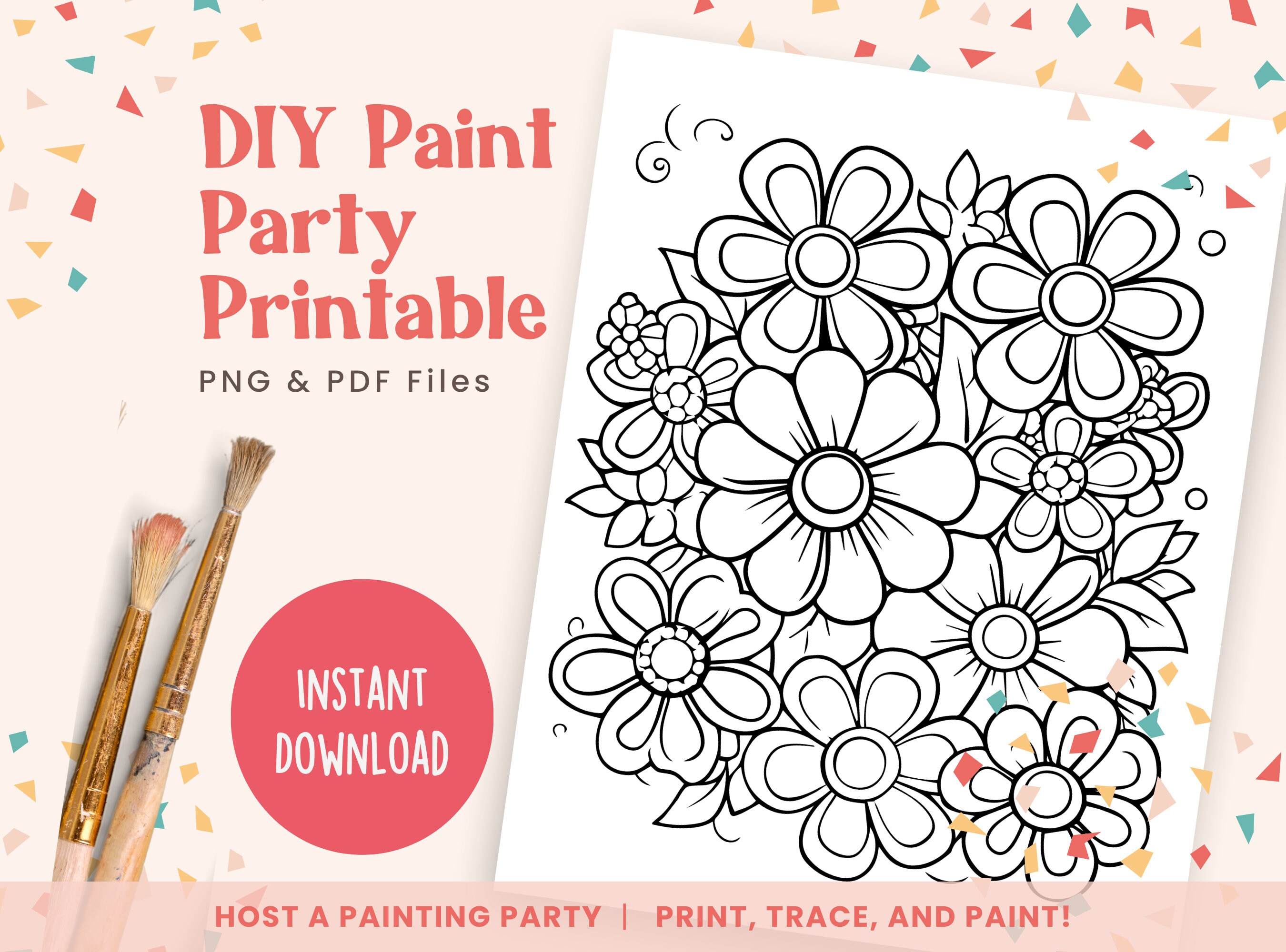 DIY Paint Party Templates, Flower Power Daisies, Printable Canvas for ...
