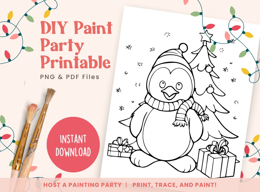 DIY Paint Party Template, Christmas Penguin, Printable Canvas for ...