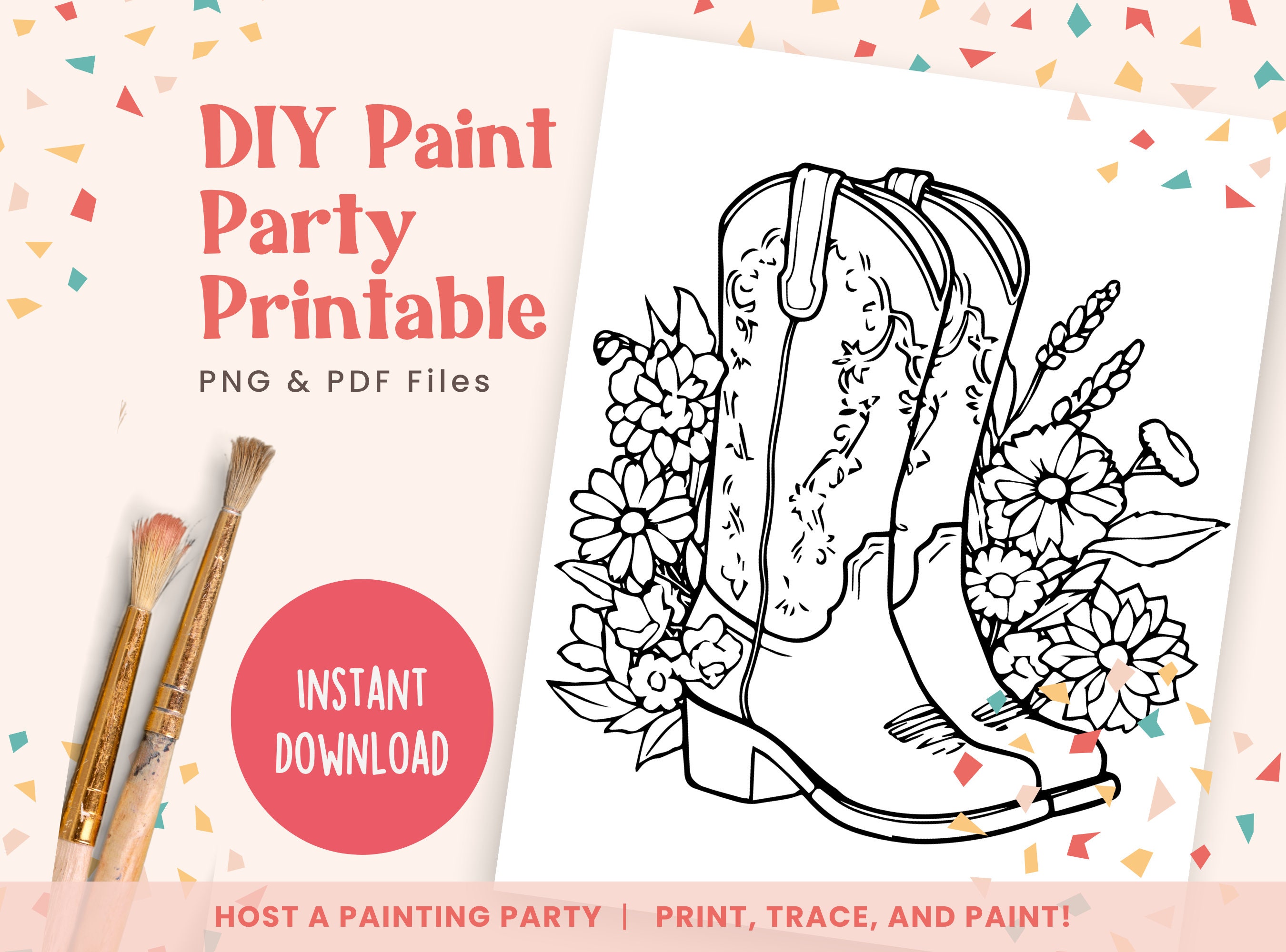 Cowgirl Boot Flowers, DIY Paint Party Template, Printable Canvas Art ...