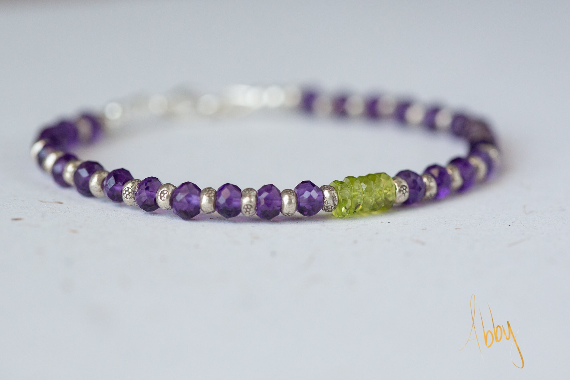Vibrant Purple Amethyst, Green Peridot Bracelet, Silver Flower Bead ...