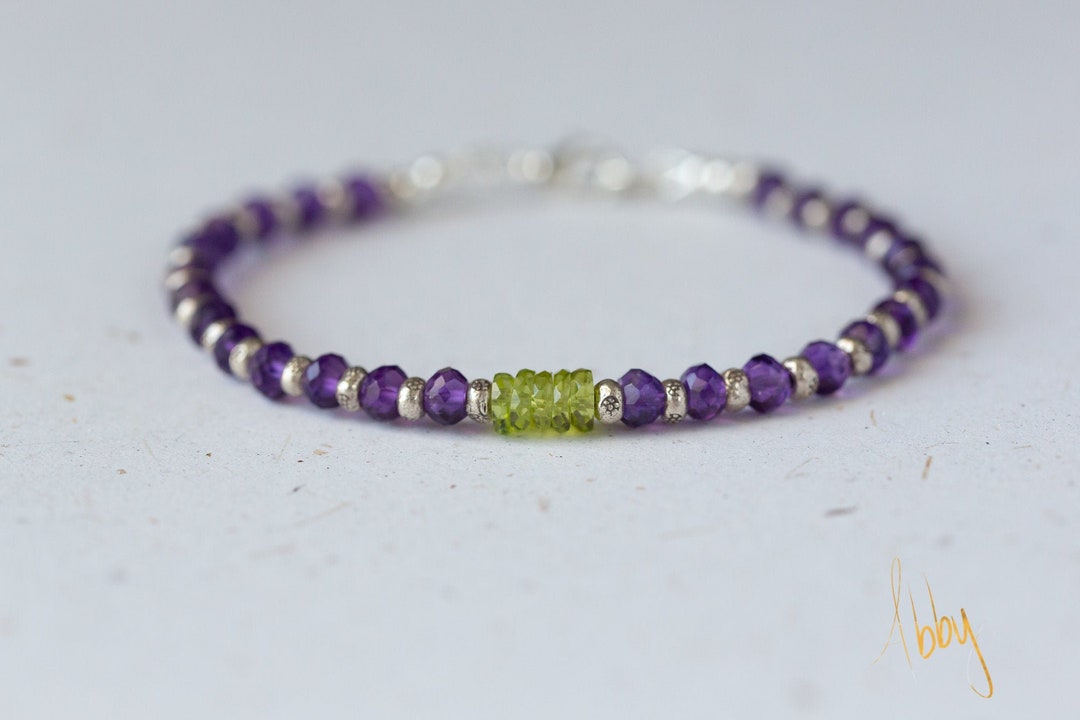 Vibrant Purple Amethyst, Green Peridot Bracelet, Silver Flower Bead ...