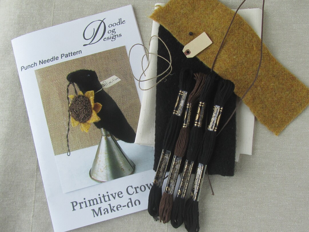 Primitive Punch Needle KIT ~ Crow With Sunflower Make-do Punchneedle ...