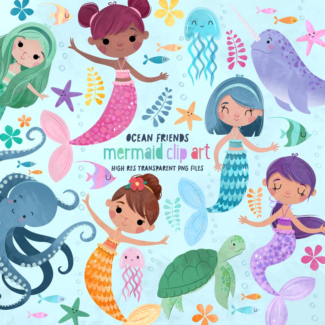 Cute Mermaid Characters and Design Elements - Clip Art Set, Instant ...
