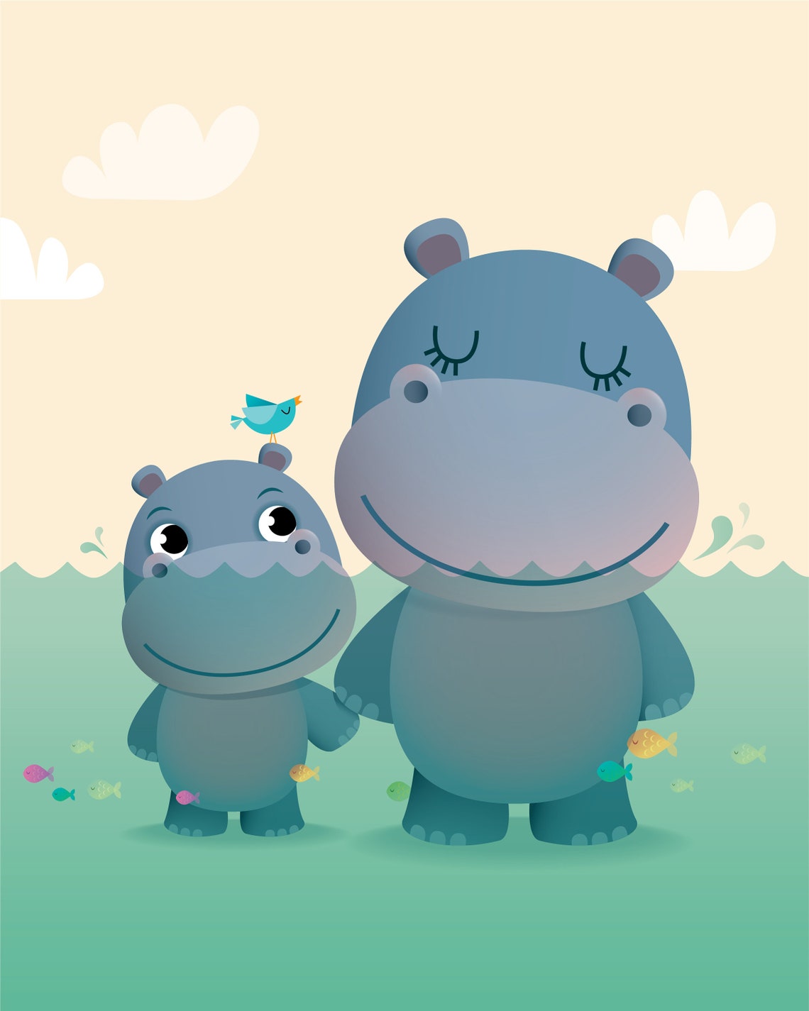 Hippo Print Nursery Illustration Nursery Decor Nursery Art - Etsy