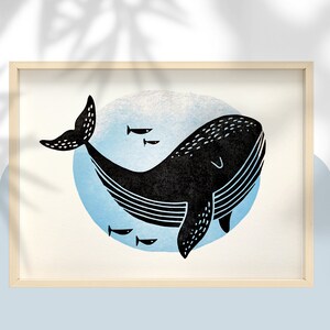 Whale Lino Print, Hand Carved, Hand Printed Block Print, 2 Colour Print ...