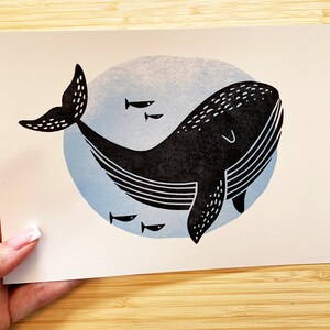 Whale Lino Print, Hand Carved, Hand Printed Block Print, 2 Colour Print ...