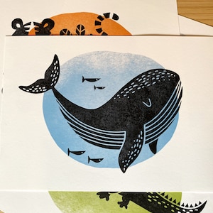 Whale Lino Print, Hand Carved, Hand Printed Block Print, 2 Colour Print ...