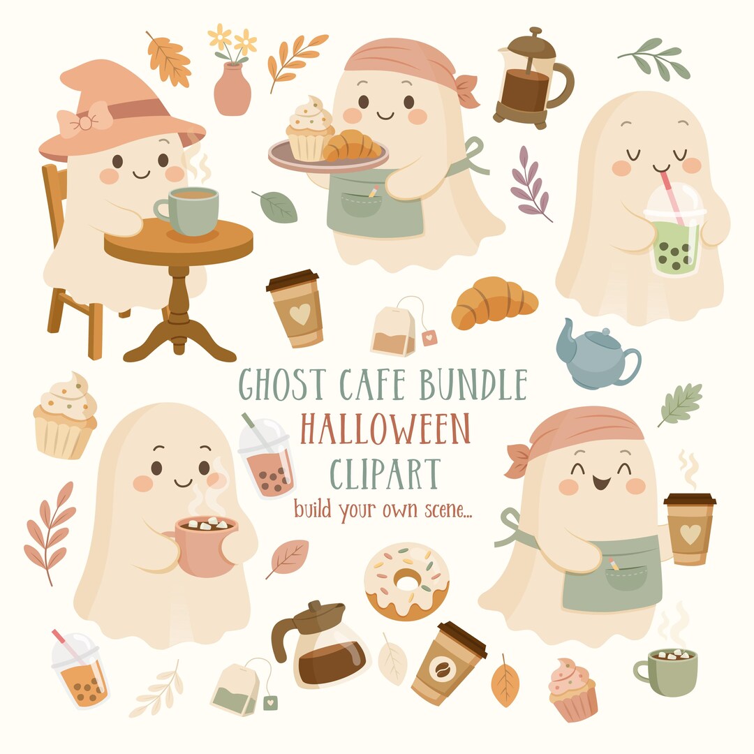 Cute Ghost Café Clipart | Halloween Coffee & Bakery PNG Bundle | Kawaii ...