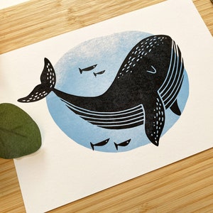Whale Lino Print, Hand Carved, Hand Printed Block Print, 2 Colour Print ...