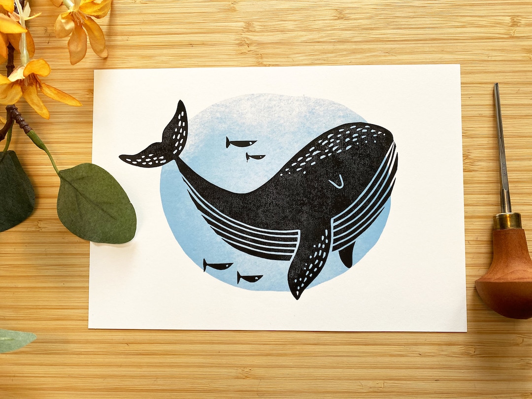 Whale Lino Print, Hand Carved, Hand Printed Block Print, 2 Colour Print ...