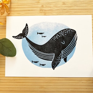 Whale Lino Print, Hand Carved, Hand Printed Block Print, 2 Colour Print ...