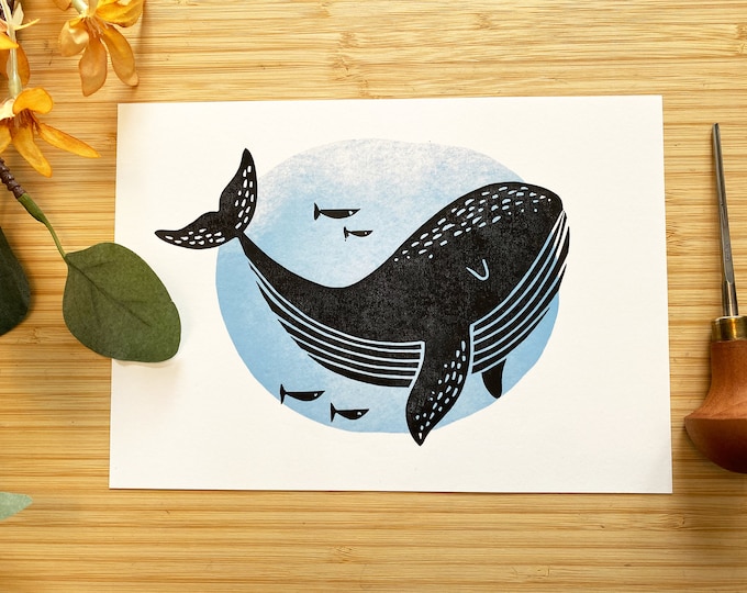 Whale Lino Print, Hand Carved, Hand Printed Block Print, 2 Colour Print ...