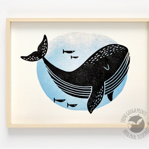 Whale Lino Print, Hand Carved, Hand Printed Block Print, 2 Colour Print ...