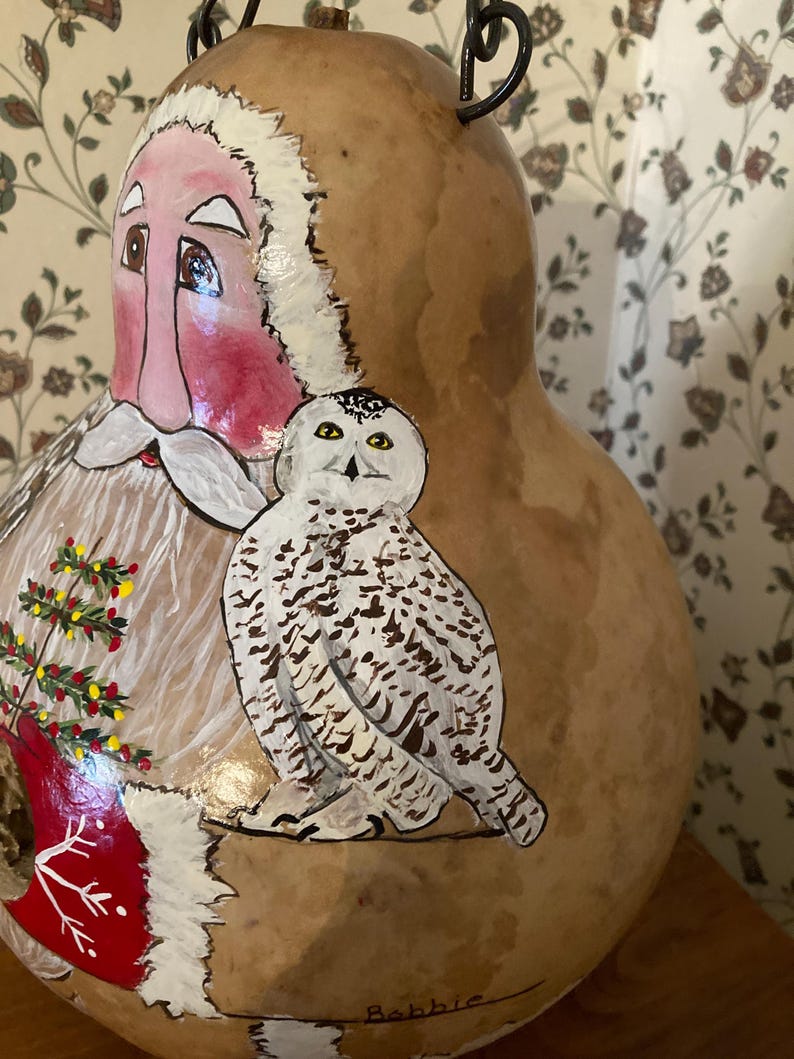 Folk Art Santa Gourd Birdhouse With Great Horned and Snowy Owl - Etsy