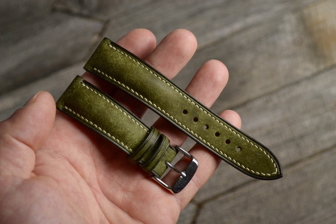 Green Leather Watch Strap Band, Handmade Padded Watch Band 16mm 17mm ...