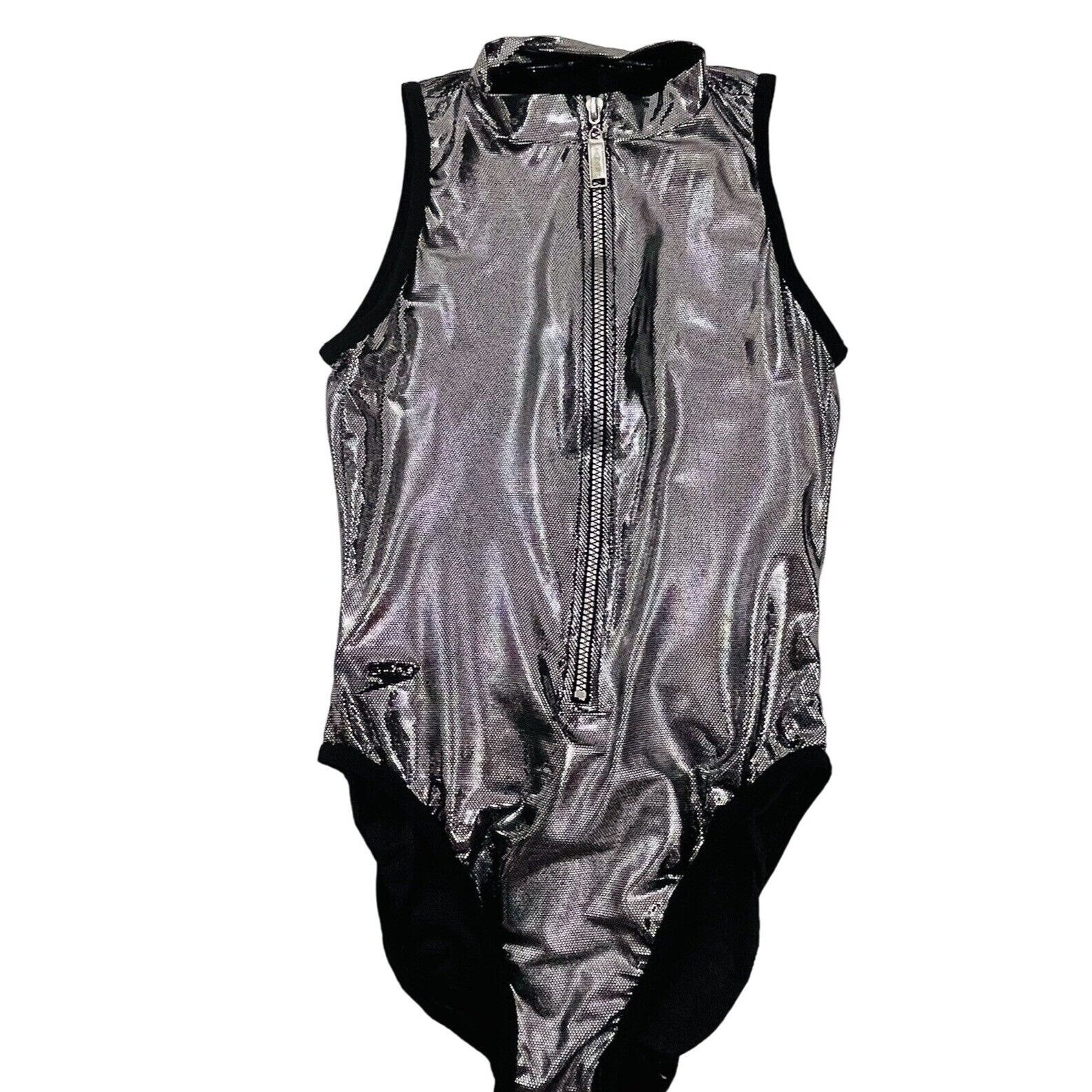Vintage 90's Speedo Women's 8 Sparkling Shiny Silver Zipper Swimsuit ...