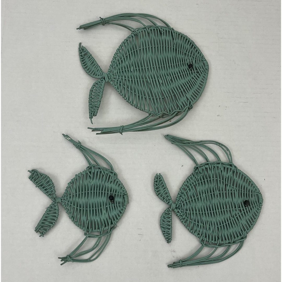Vintage Wicker Rattan Fish Wall Hanging Set of 3 Graduated MCM Beach ...