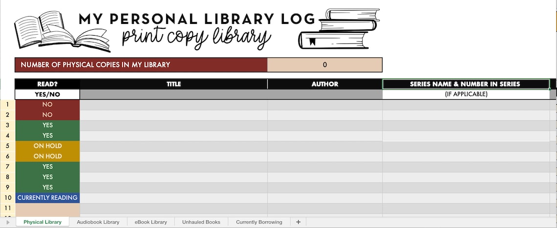 Personal Home Library Log Spreadsheet catalog the Books You - Etsy