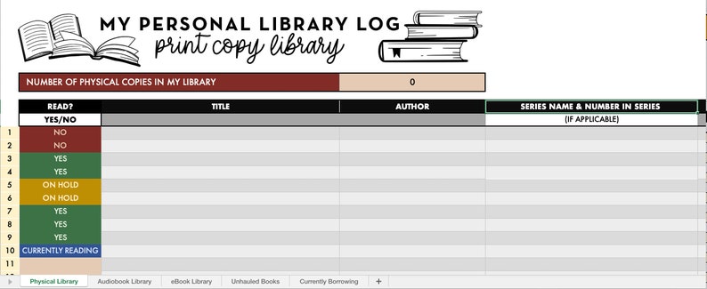 Personal Home Library Log Spreadsheet catalog the Books You - Etsy