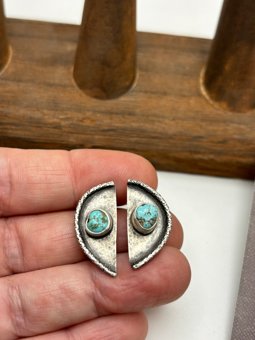 Turquoise Sterling Silver Half Circle Post Earrings, Handcrafted ...