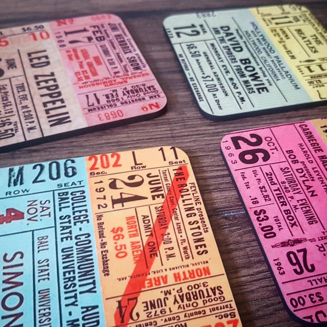 VINTAGE 60s / 70s Concert Tickets Drinks Coasters Set | Etsy UK