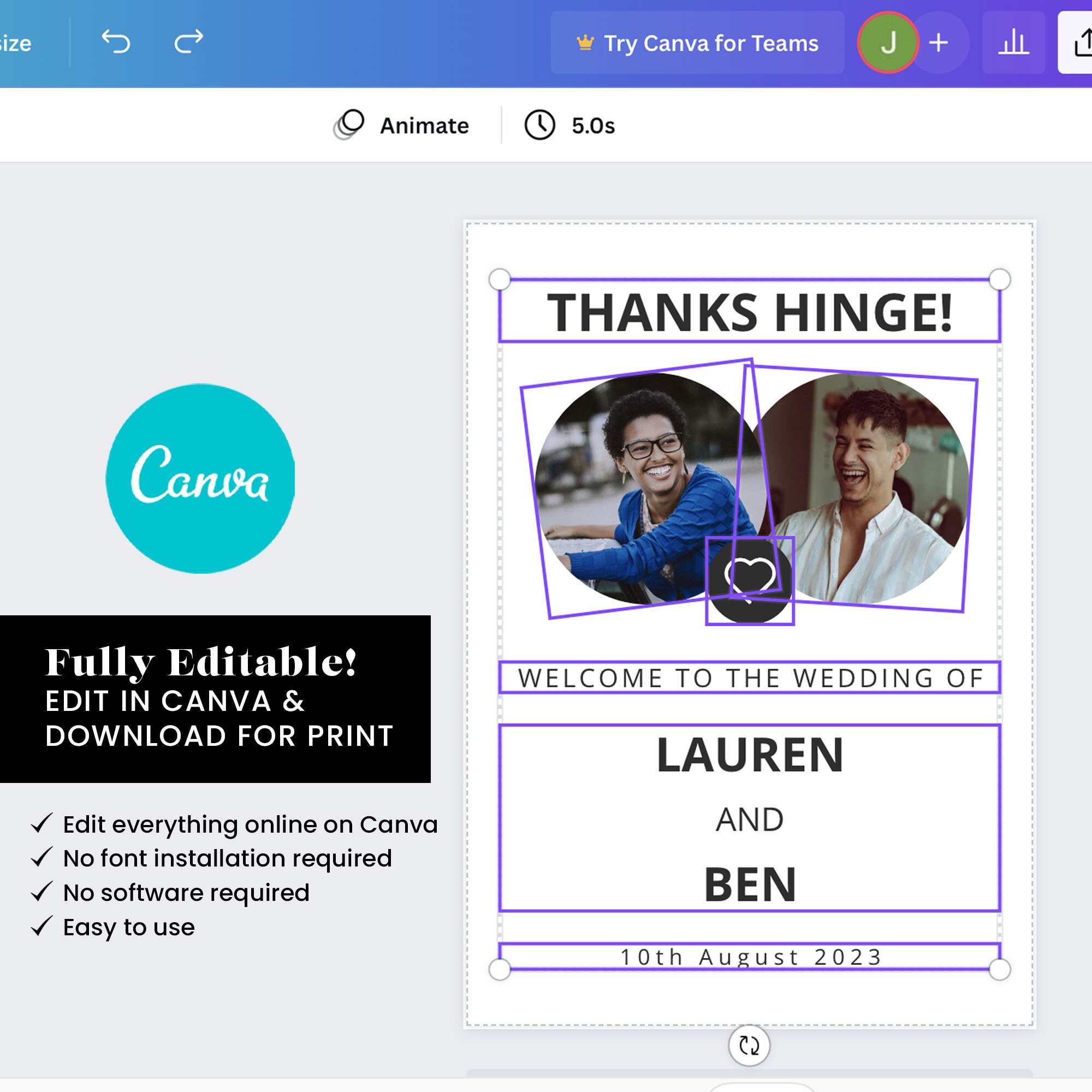 Hinge Match | Customisable Welcome Sign | Weddings & Engagement | Canva ...