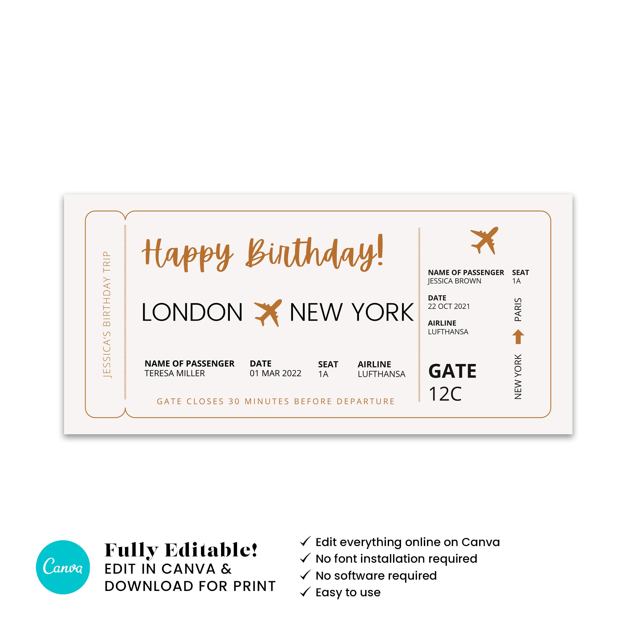 Plane Ticket Template, Surprise Airline Gift, Invitation Gift, Vacation ...