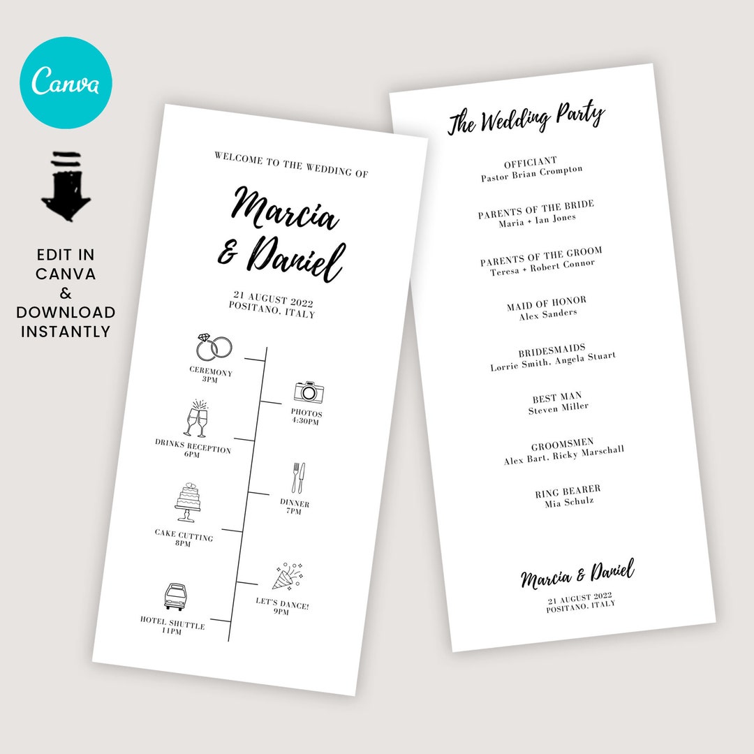 One Page Wedding Program | Customisable Program Template | Weddings ...