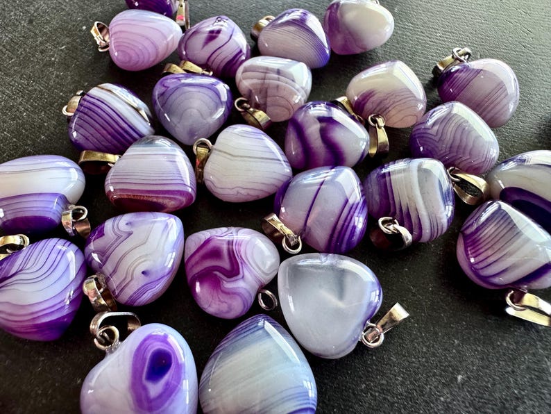15mm Purple Agate Heart Pendant Striped Agate 15x15x8mm White Purple ...